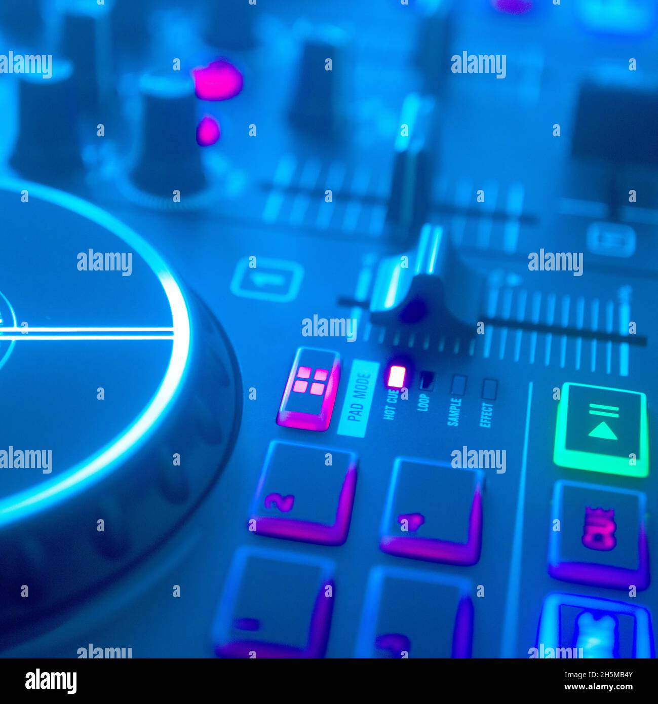 Deejay mixing desk turntables party nightclub disco lights square album ...