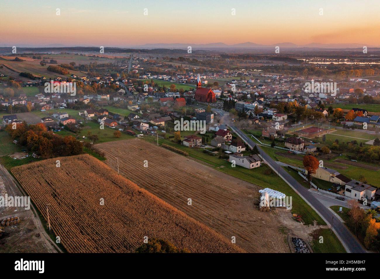 panoramic view of the village of Lubomia in Poland. Drone photography ...