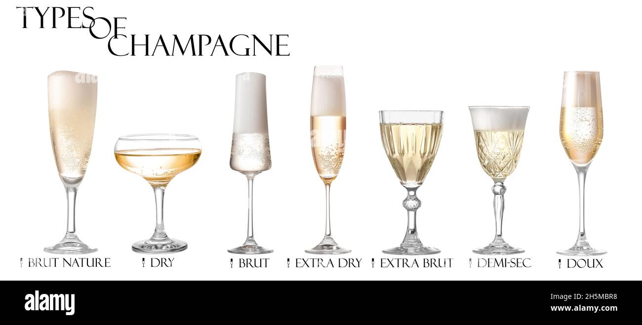 Glasses of different champagne on white background Stock Photo - Alamy