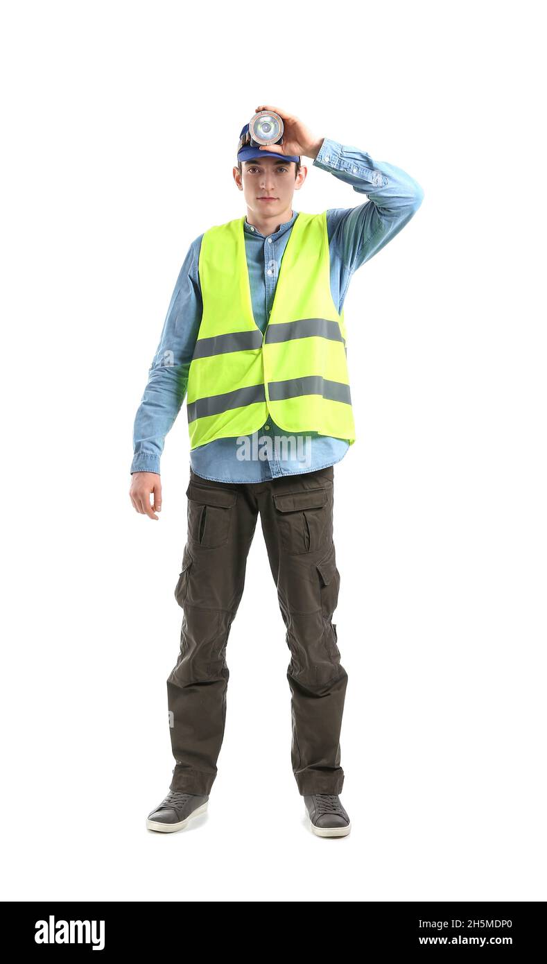 Young male worker with headlamp flashlight on white background Stock ...