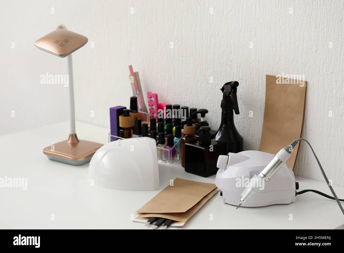 Workplace of professional manicure master in beauty salon Stock Photo ...