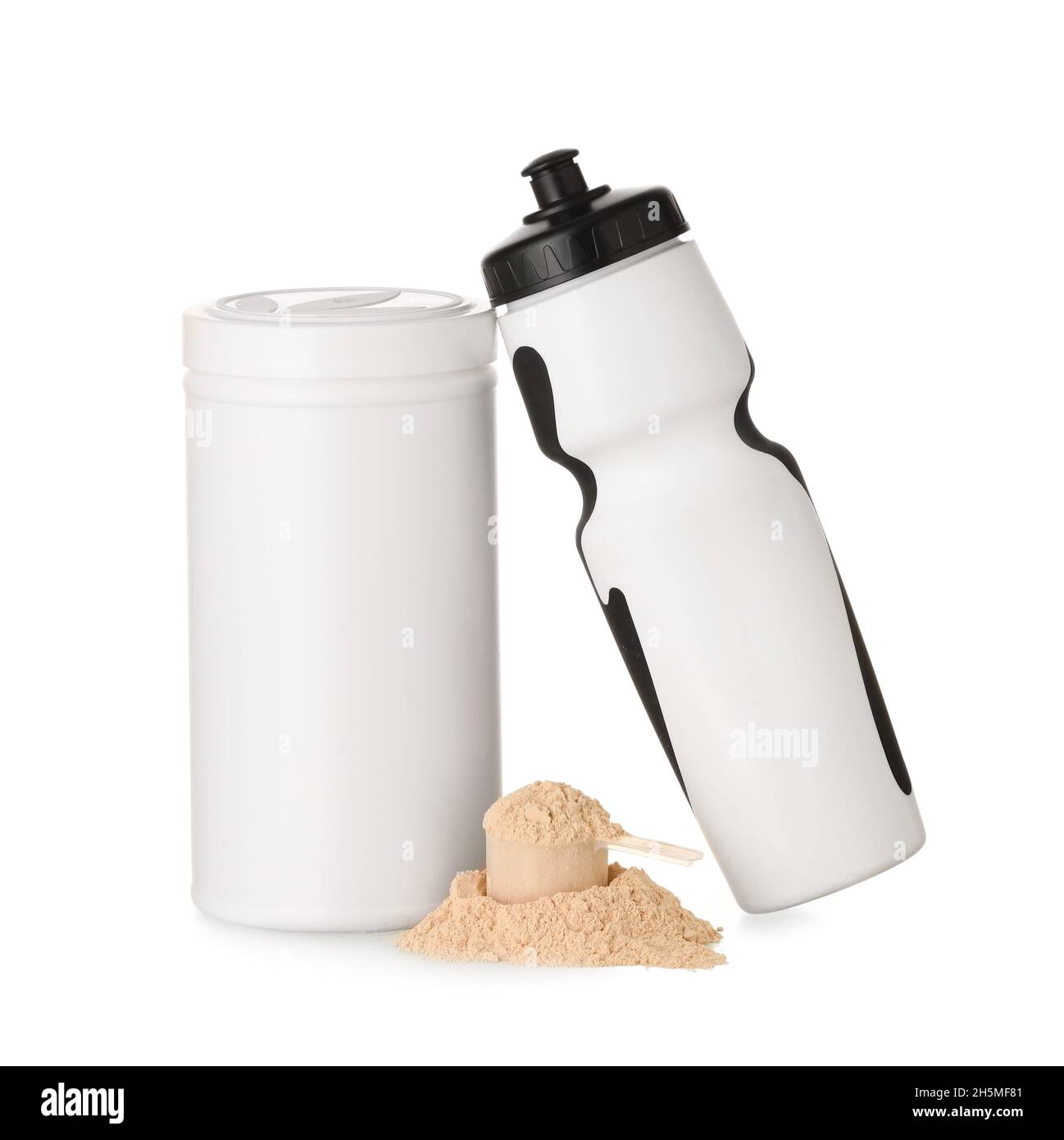 Jar with powder and bottle with protein shake on white background Stock ...