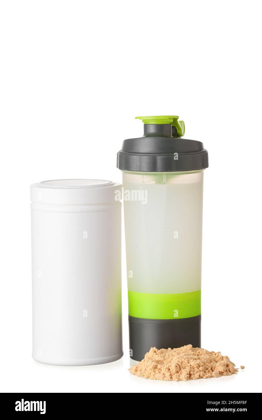 Jar, powder and bottle with protein shake on white background Stock ...