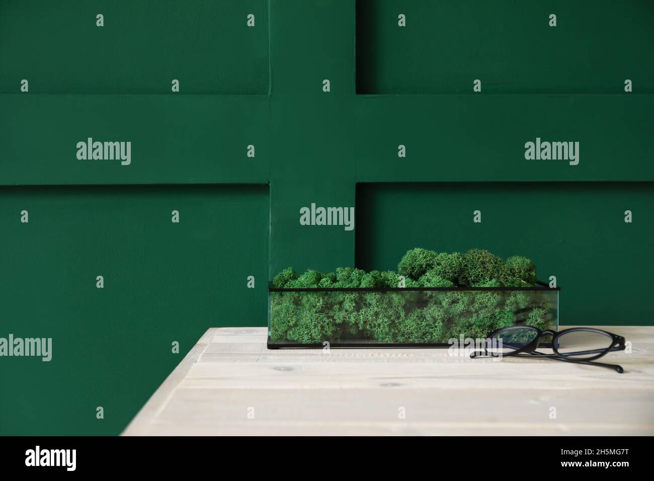 Container with decorative moss and eyeglasses on table near green wall ...