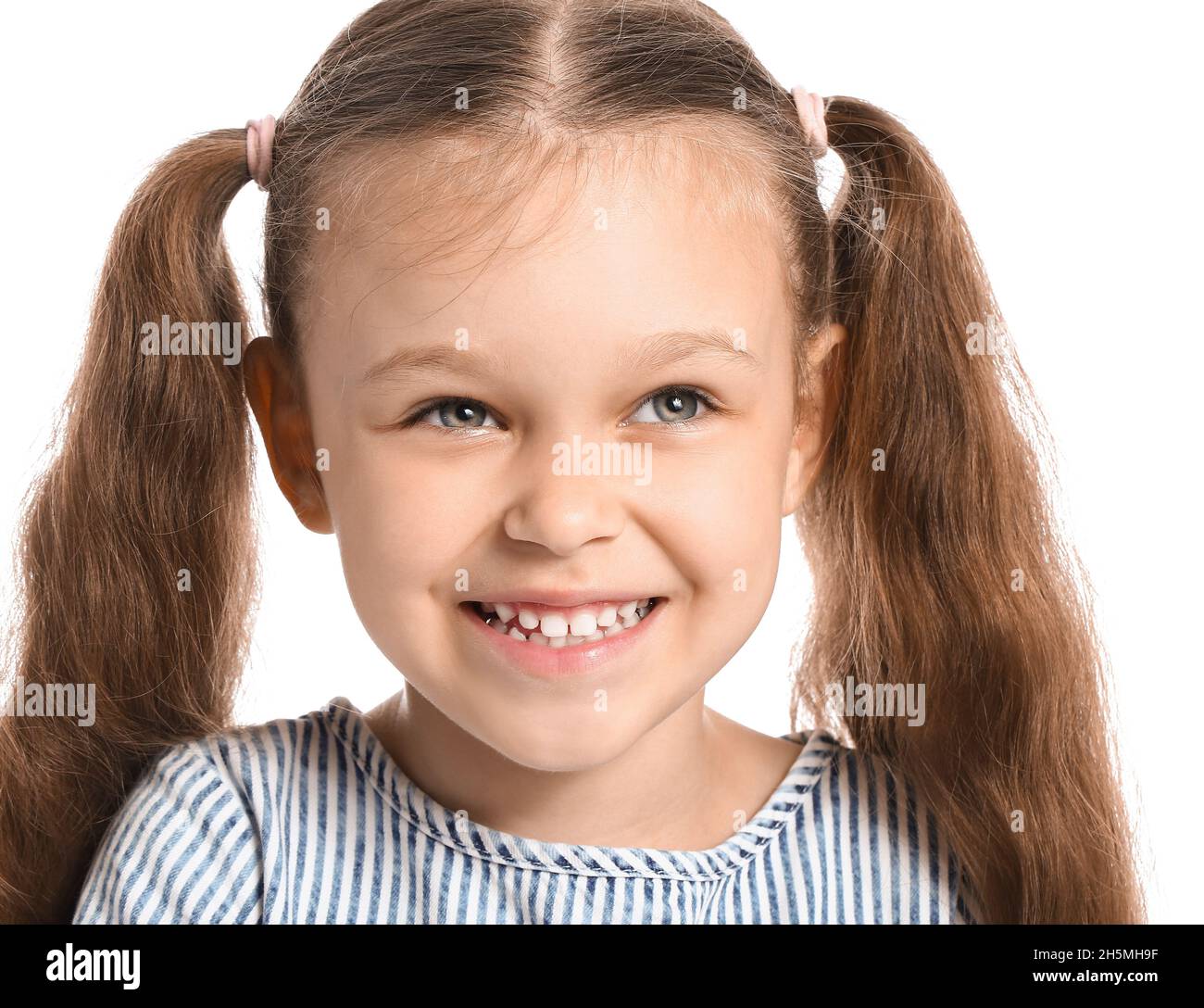 Portrait of pretty happy little girl on white background Stock Photo ...