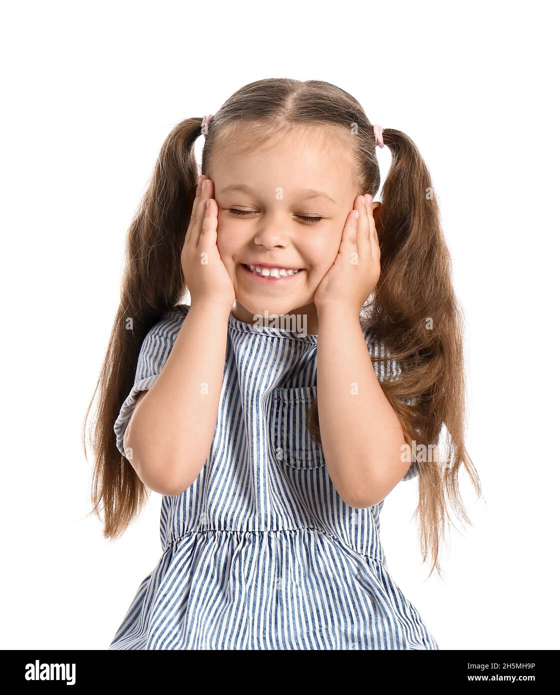 Portrait of pretty happy little girl on white background Stock Photo ...