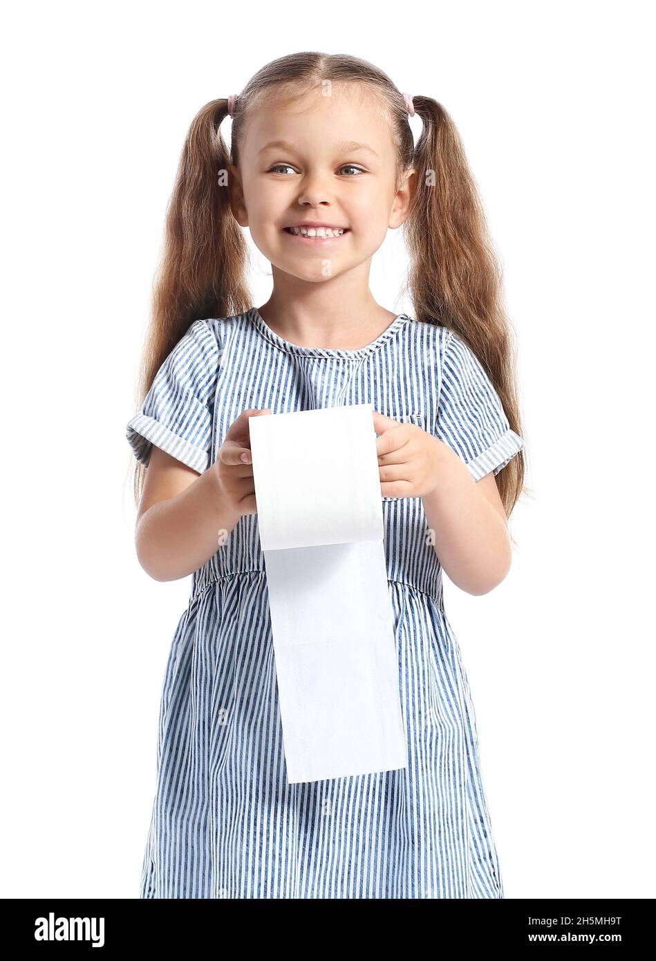 Little girl with toilet paper on white background Stock Photo - Alamy