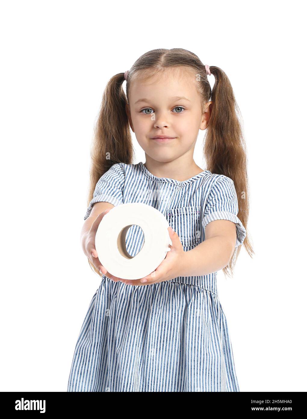 Little girl with toilet paper on white background Stock Photo - Alamy