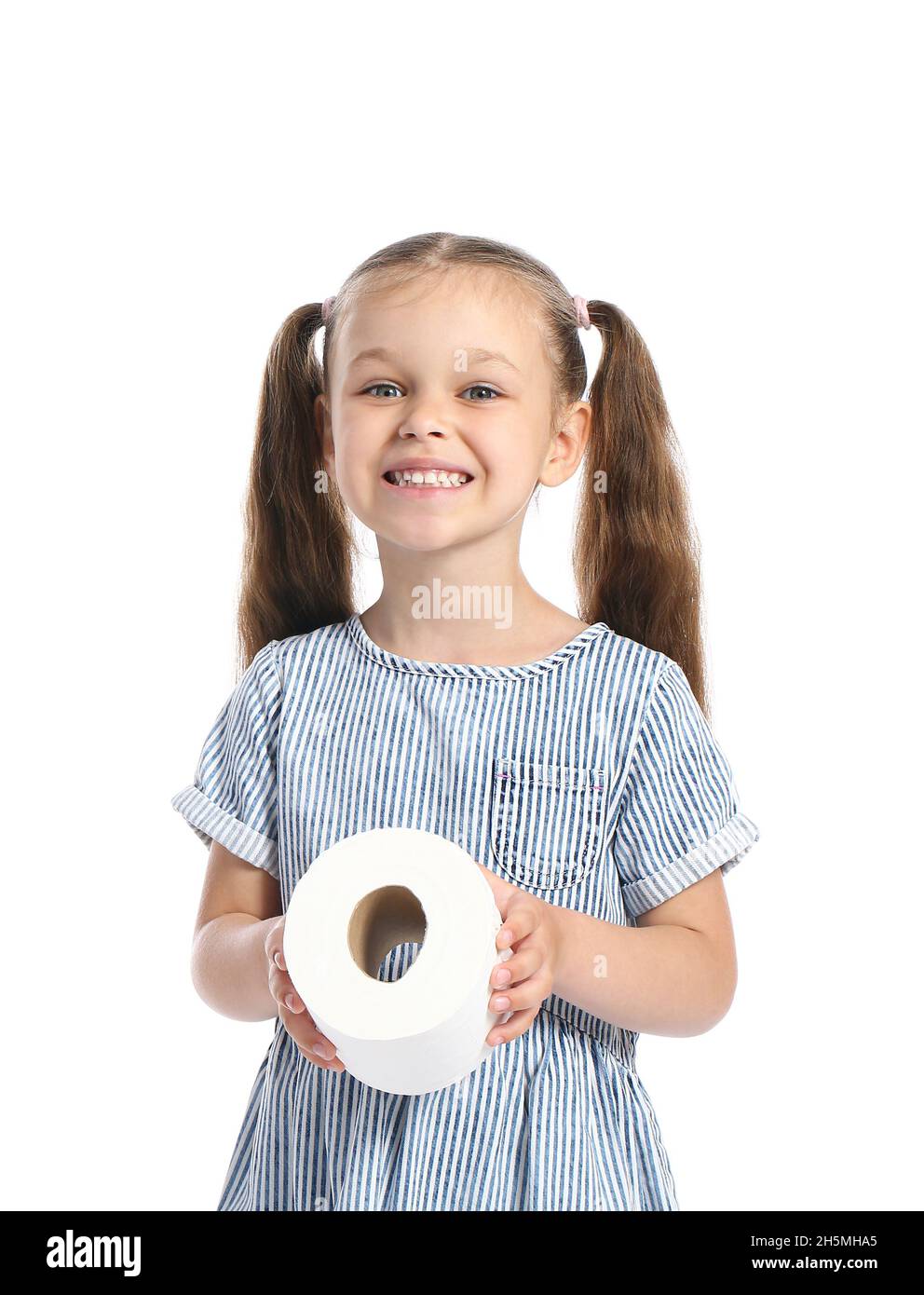 Little girl with toilet paper on white background Stock Photo - Alamy
