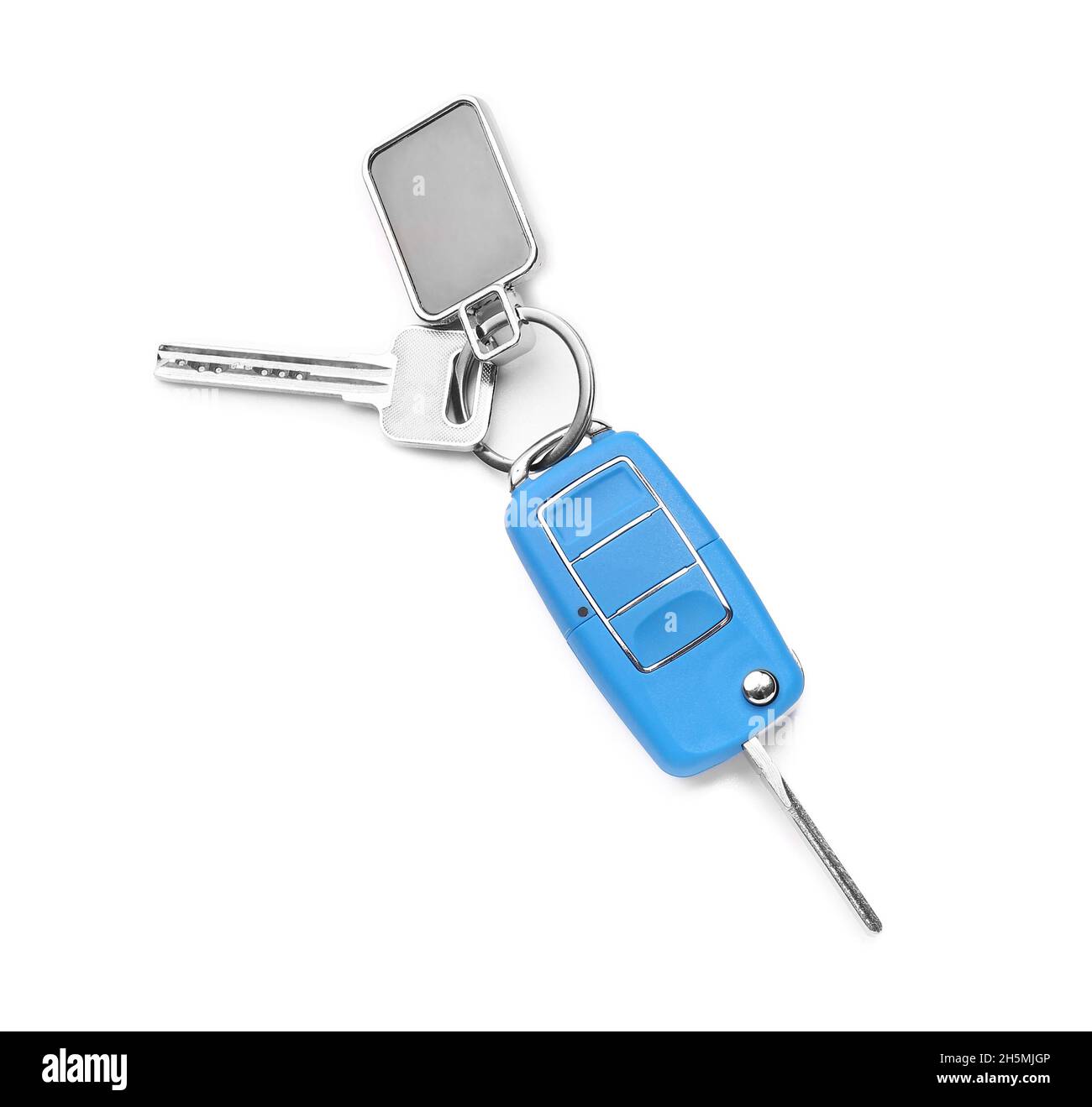 Stylish keychain with car key on white background Stock Photo - Alamy