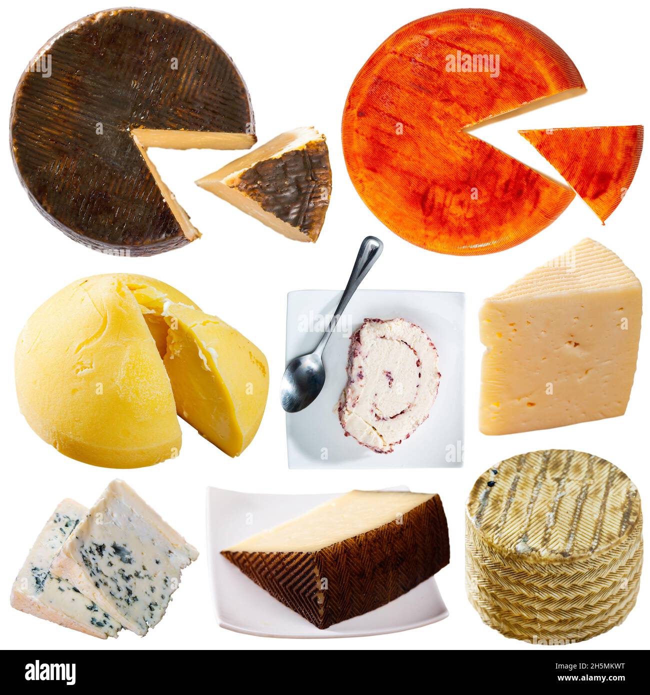 Set of different tasty cheeses on white background Stock Photo - Alamy