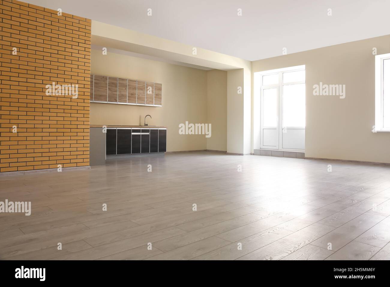 View of big empty room with counters Stock Photo - Alamy