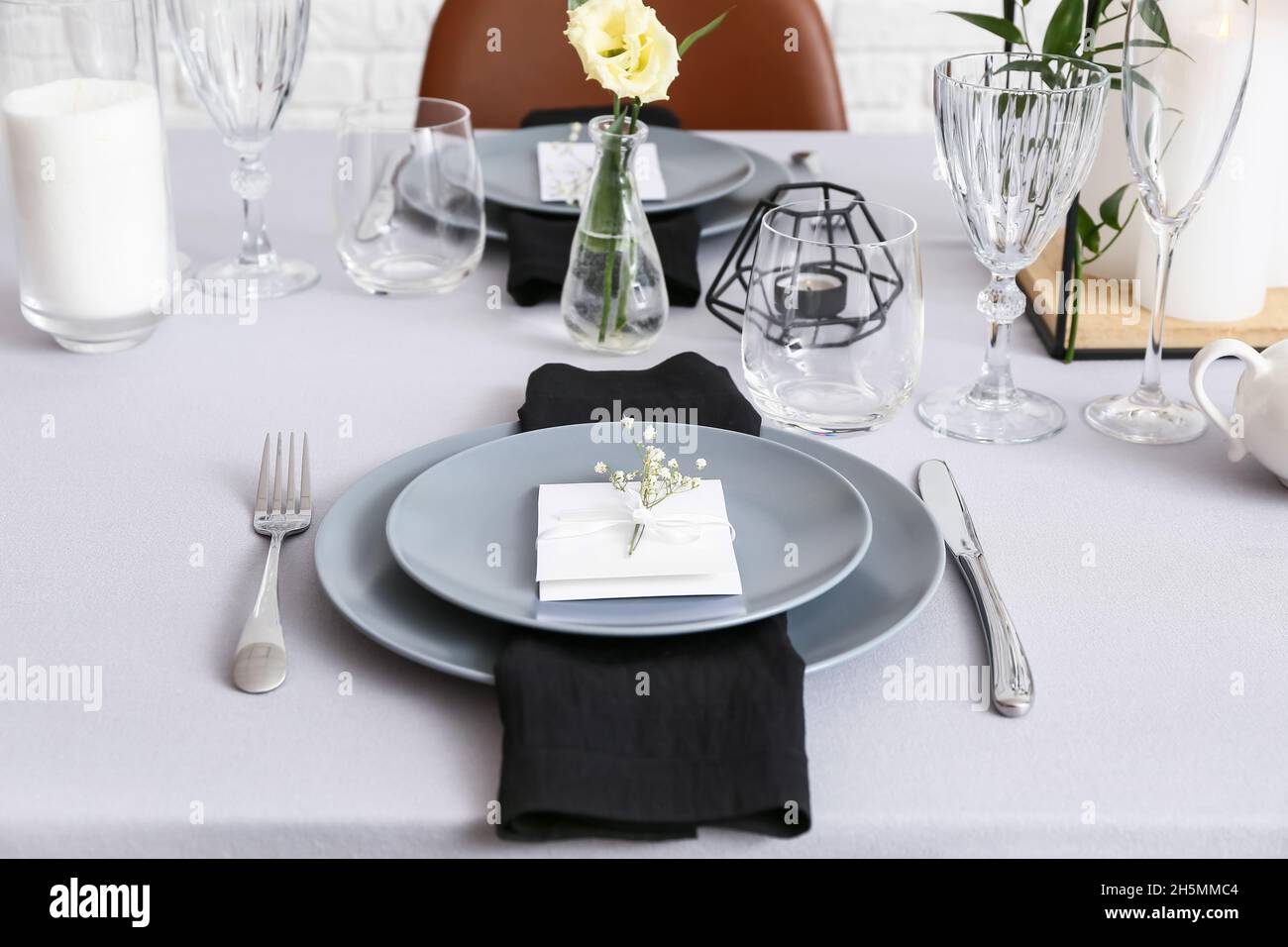 Beautiful table setting for wedding celebration in restaurant Stock ...