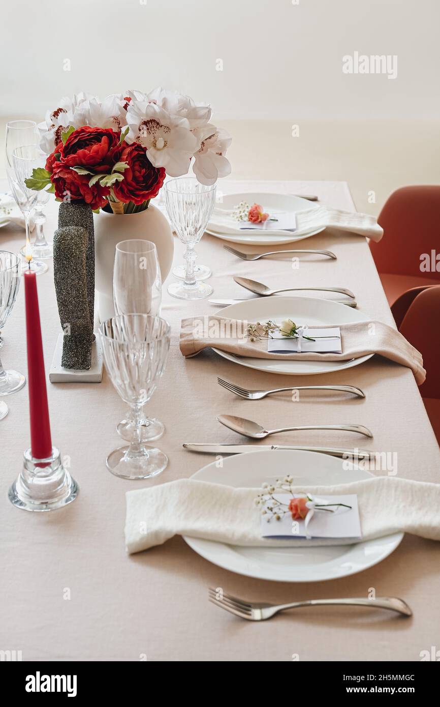 Beautiful table setting for wedding celebration in restaurant Stock ...