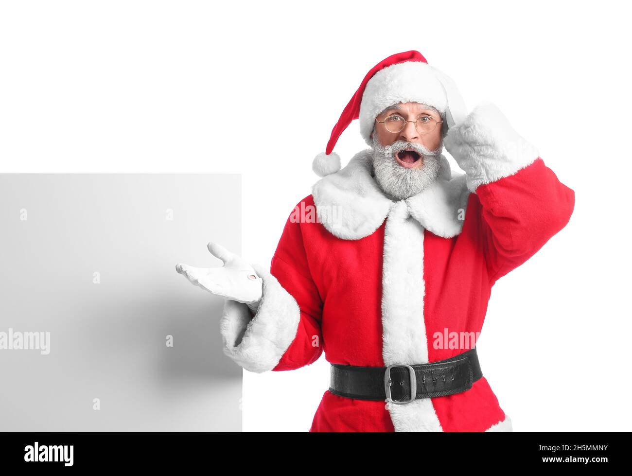 Shocked Santa Claus with blank poster on white background Stock Photo ...