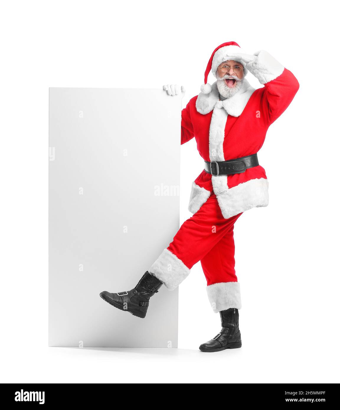 Happy Santa Claus with blank poster on white background Stock Photo - Alamy