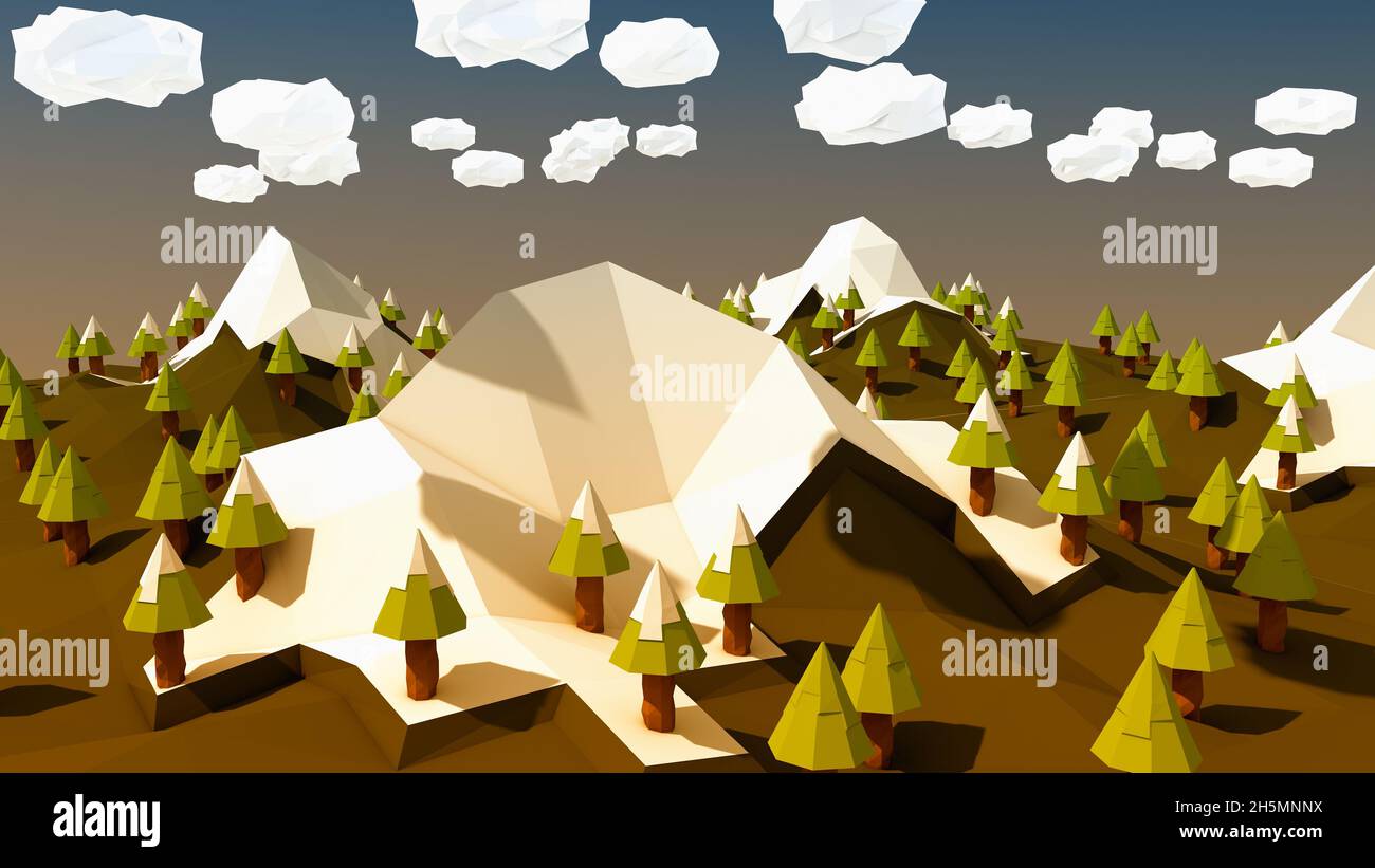 2D illustration of trees on snowy mountains under a gradient cloudy sky ...