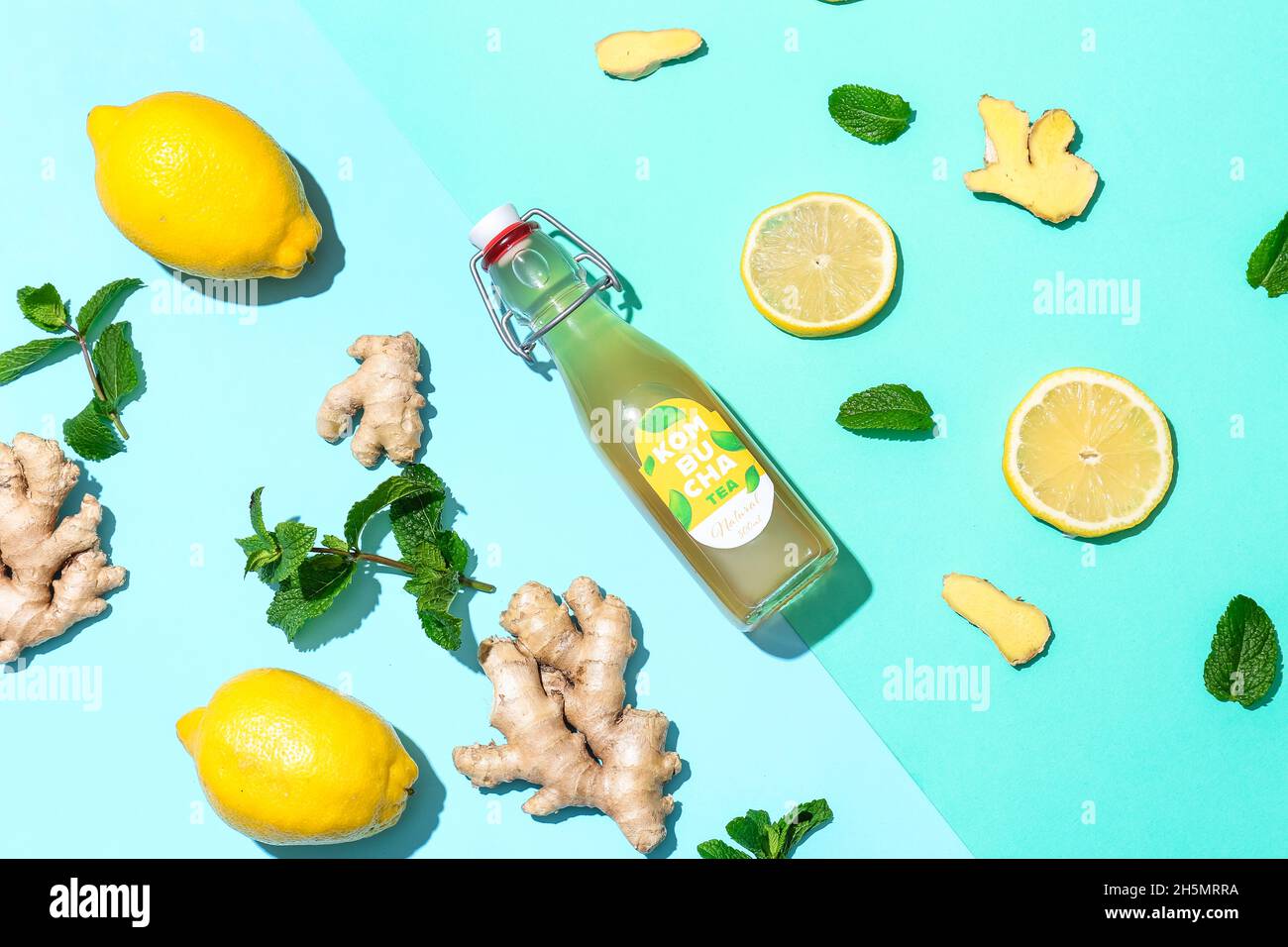 Composition with bottle of tasty kombucha on color background Stock ...