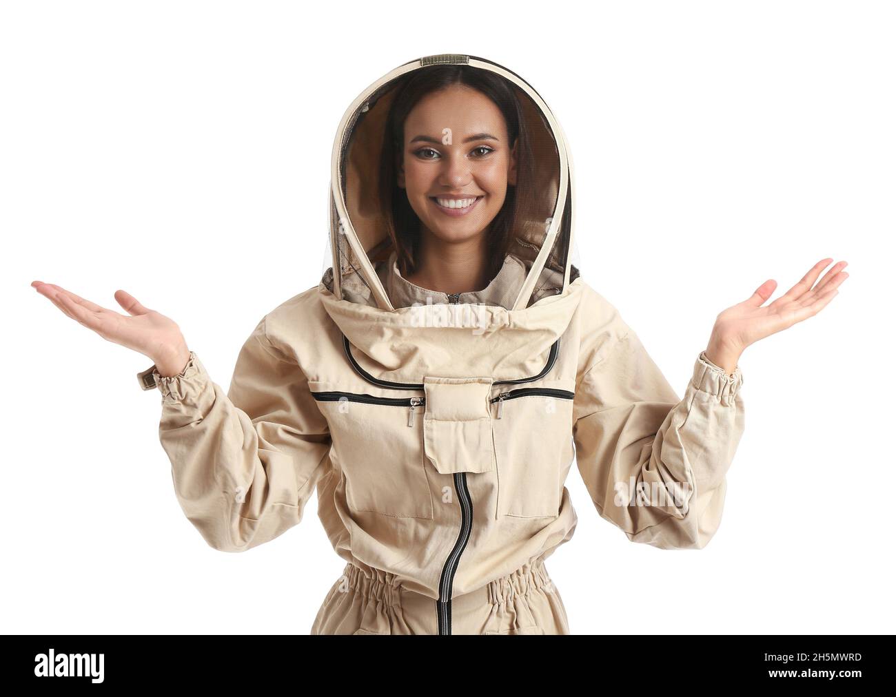 Female beekeeper on white background Stock Photo - Alamy