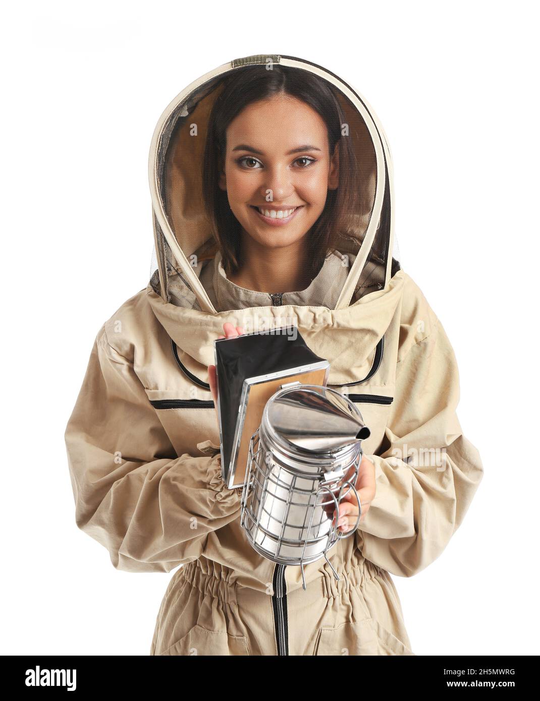 Female beekeeper on white background Stock Photo - Alamy