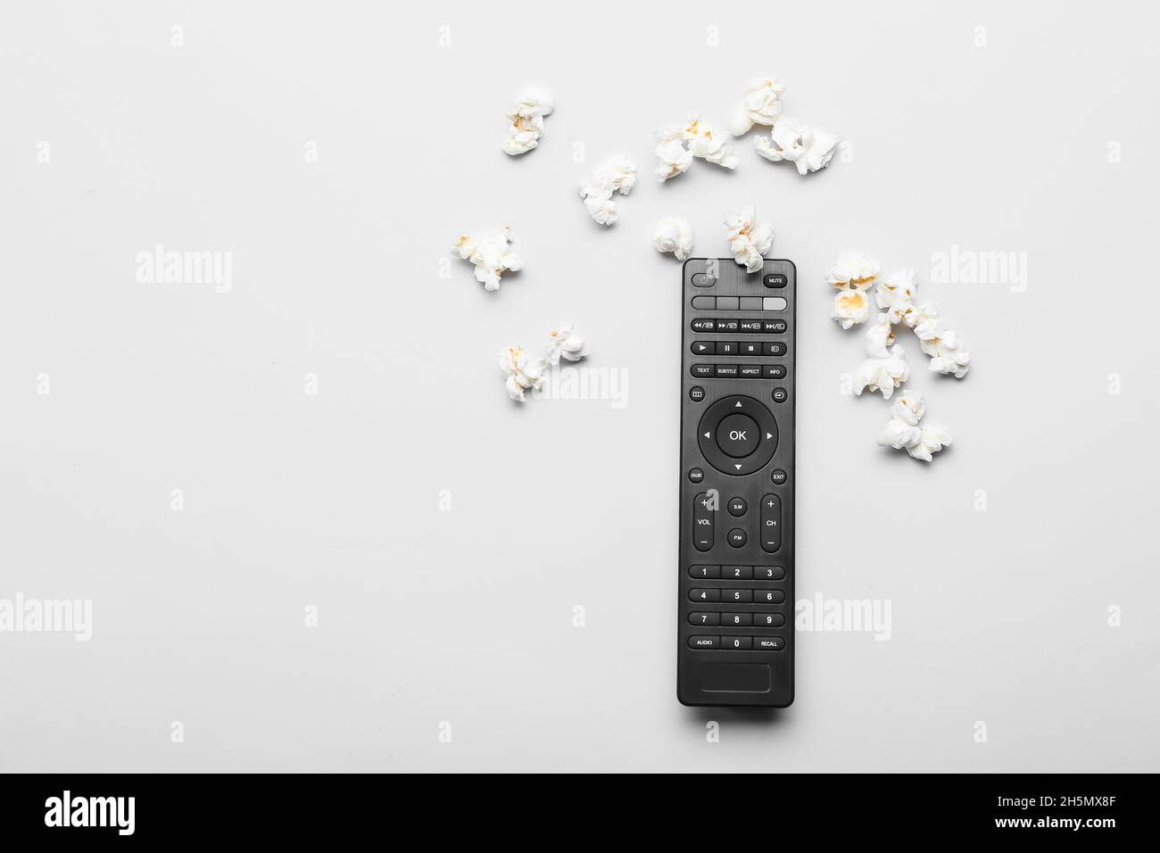 Modern TV remote control and popcorn on white background Stock Photo ...