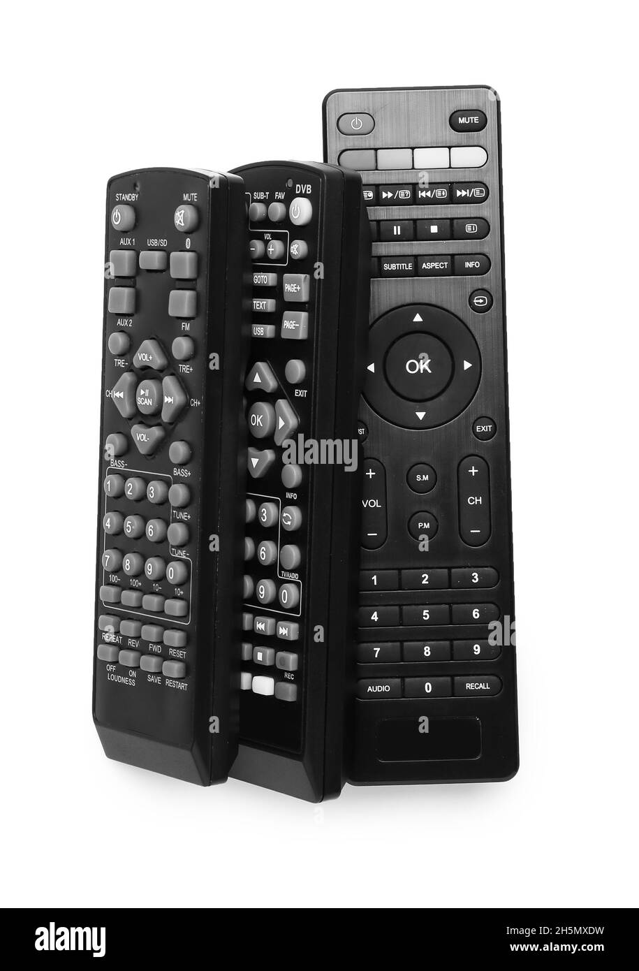 Different black TV remote controllers on white background Stock Photo ...