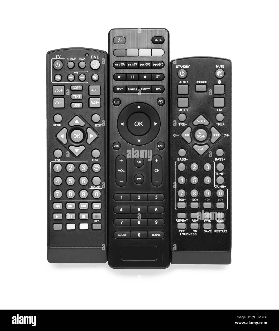 Black TV remote controllers on white background Stock Photo - Alamy
