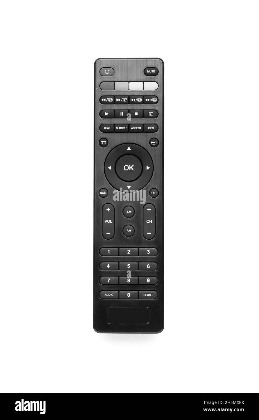 Black TV remote controller on white background Stock Photo - Alamy