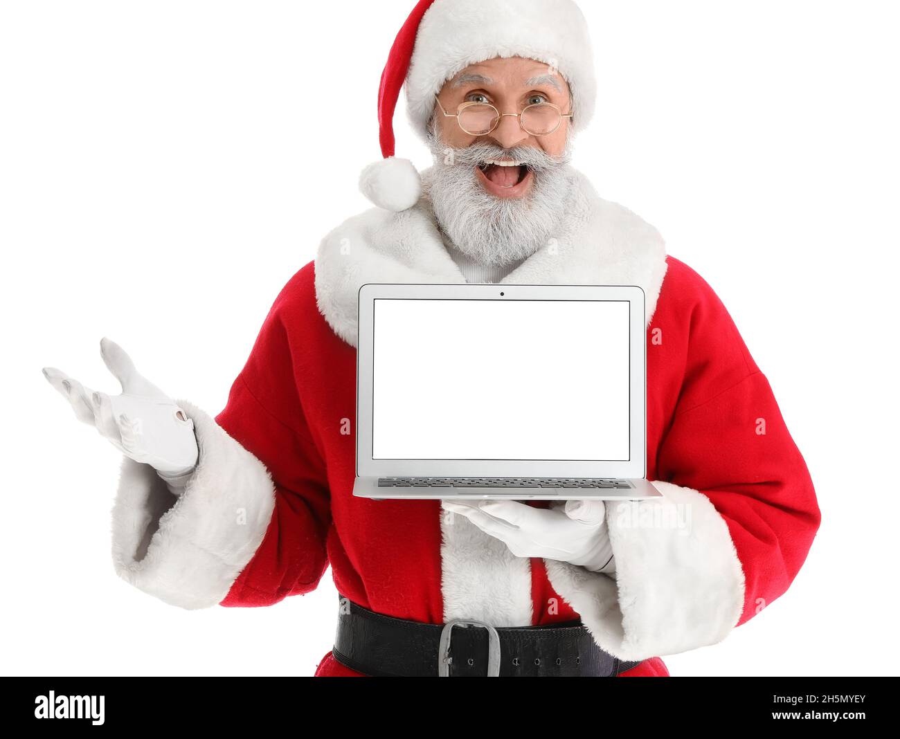 Santa Claus with modern laptop on white background Stock Photo - Alamy