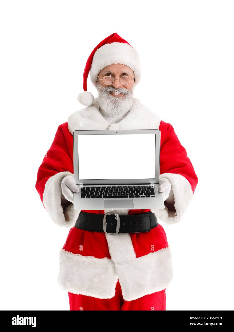 Santa Claus with modern laptop on white background Stock Photo - Alamy