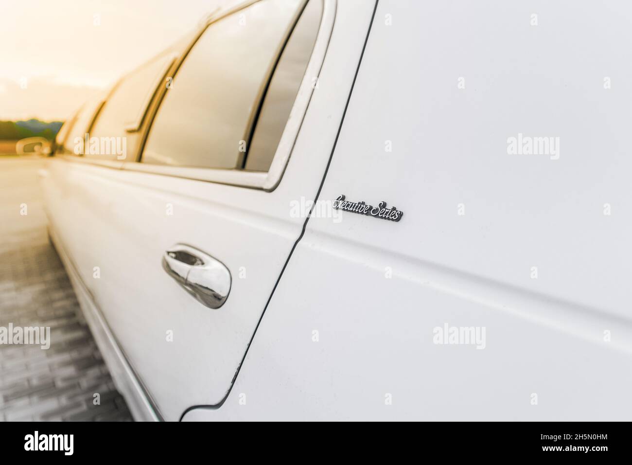 The back of a white limousine car with a close-up door handle Stock ...