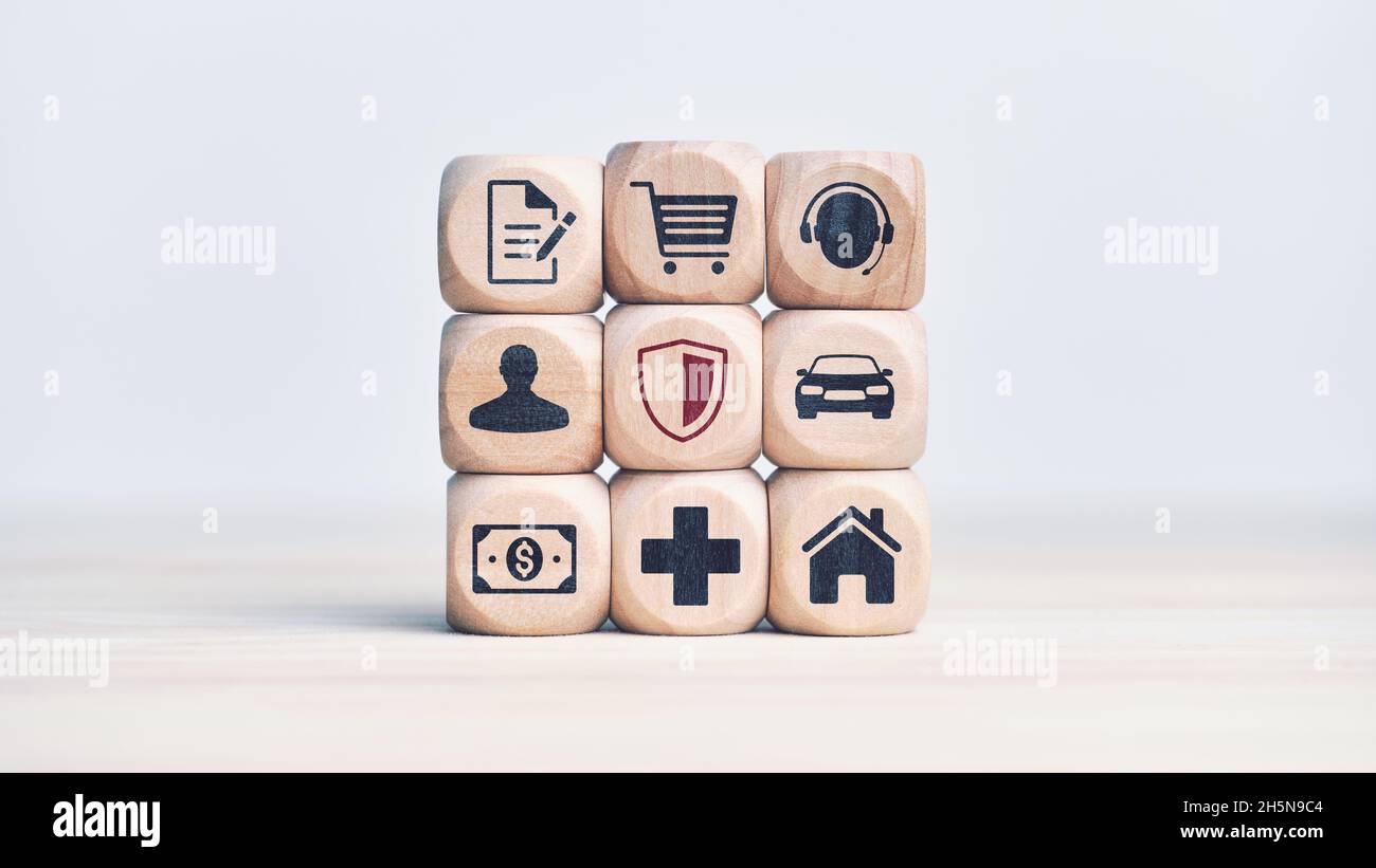 Concept of various types of insurance business. Wooden cubes with car ...