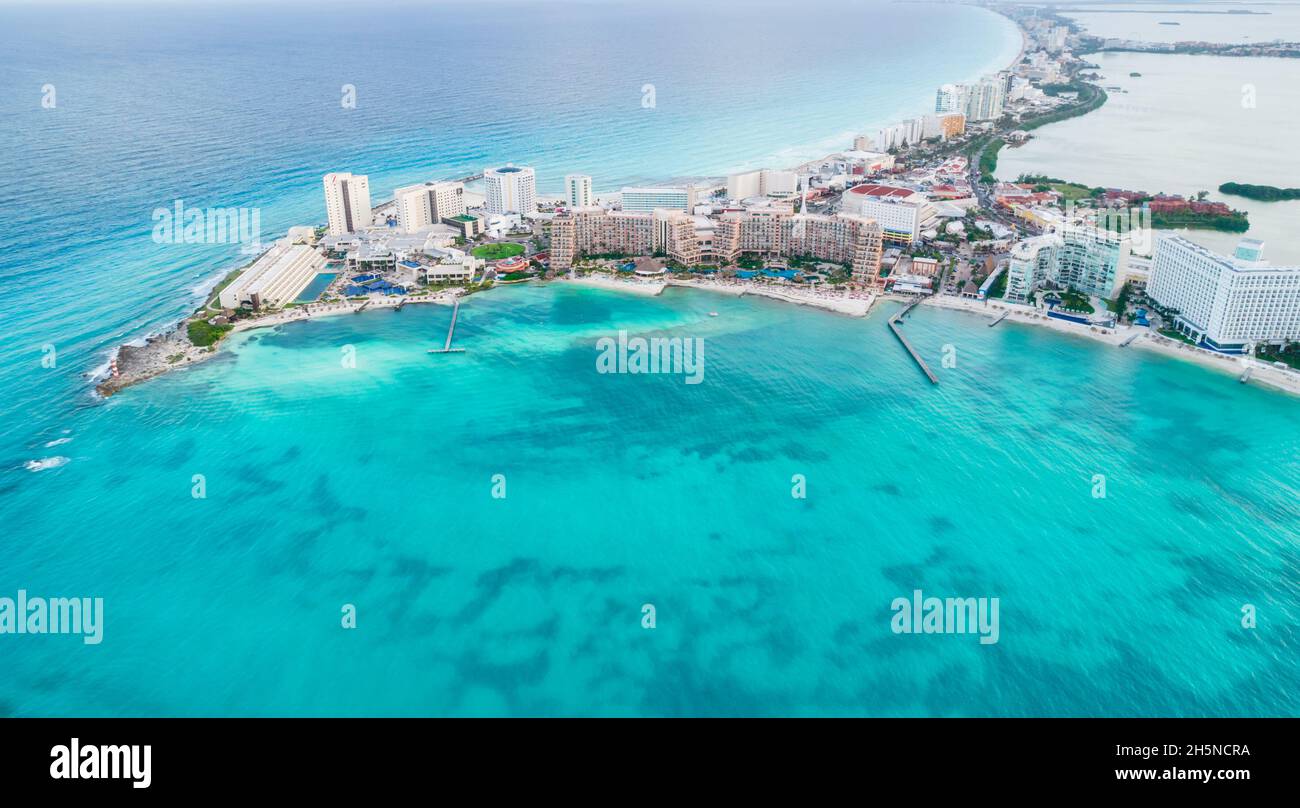 Aerial panoramic view of Cancun beach and city hotel zone in Mexico ...