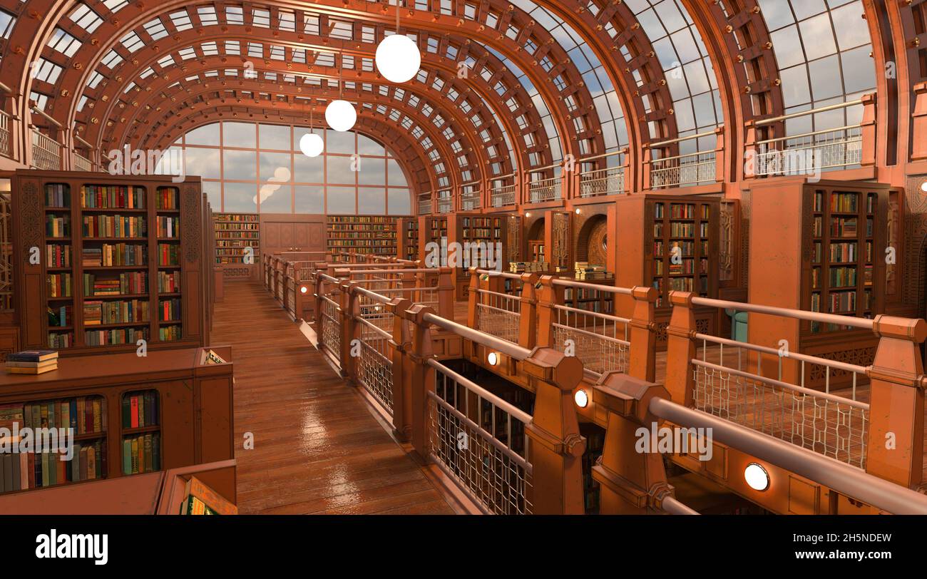 3D illustration old library room interior Stock Photo - Alamy