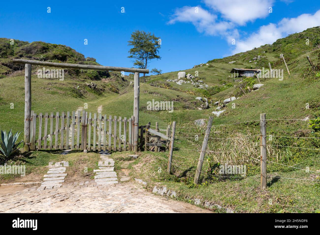 Wood farm gate with road, vegetation and field, Praia do Rosa ...