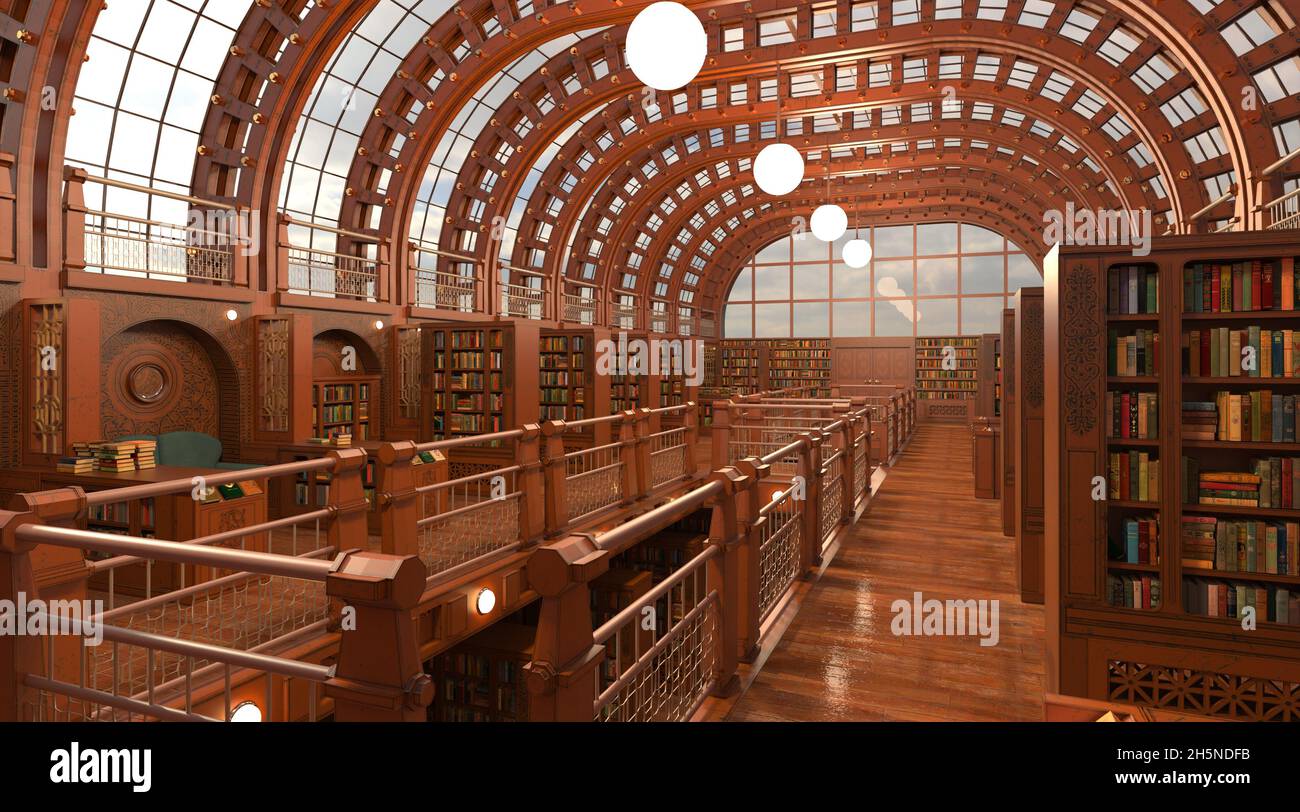 3D illustration old library room interior Stock Photo - Alamy