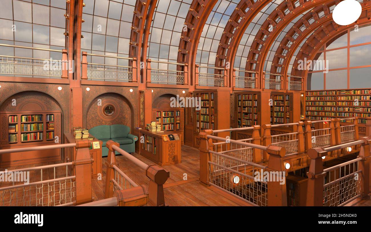 3D illustration old library room interior Stock Photo - Alamy