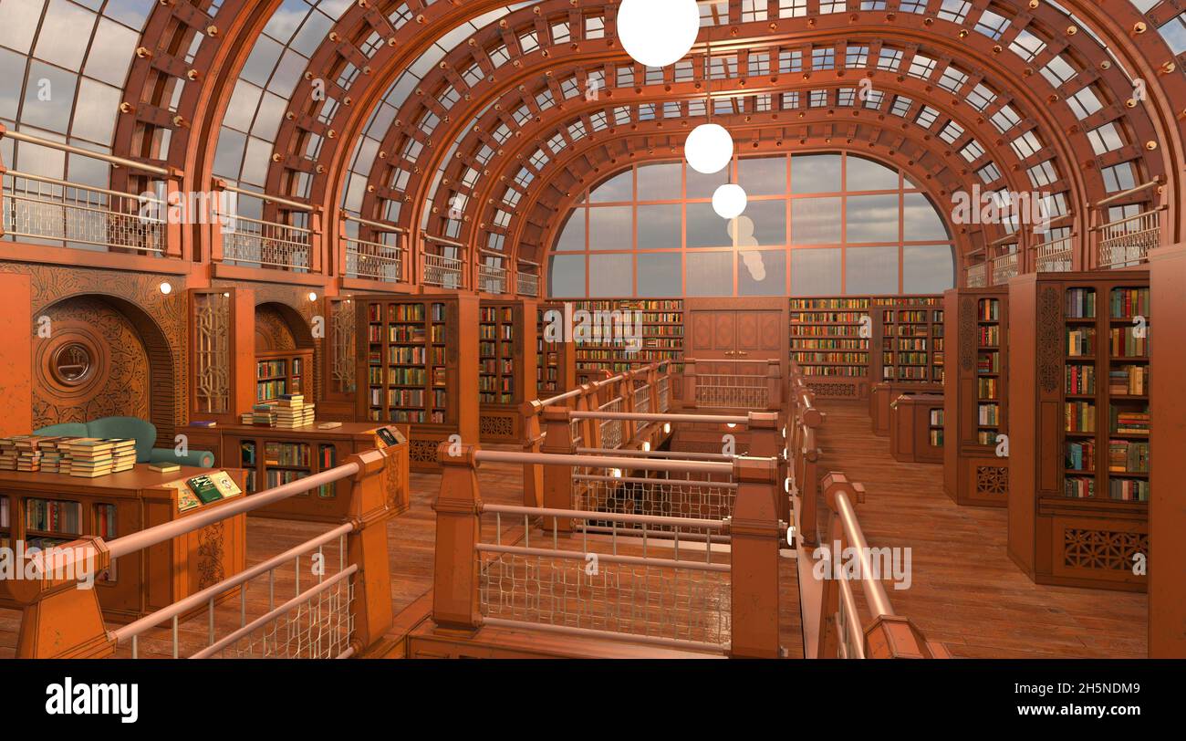 3D illustration old library room interior Stock Photo - Alamy