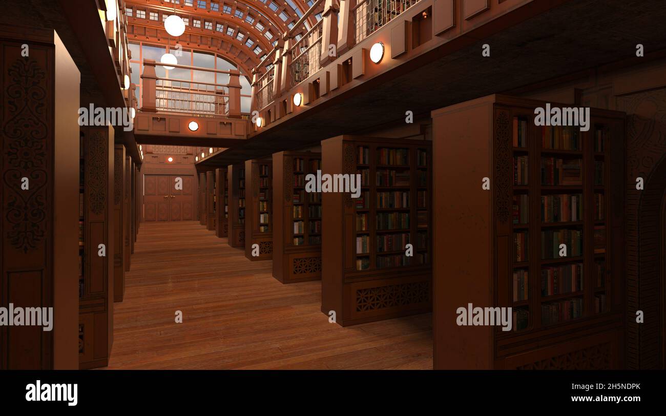 3D illustration old library room interior Stock Photo - Alamy
