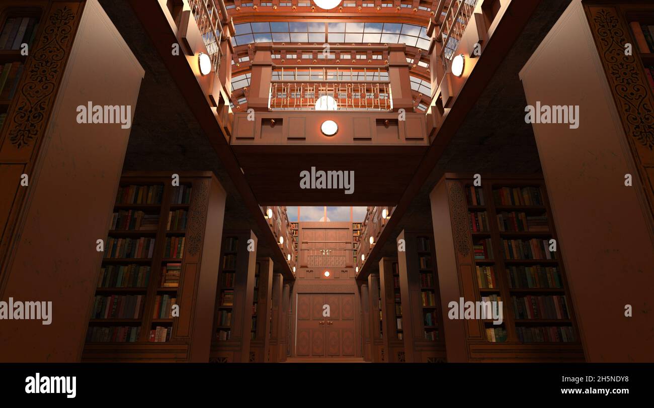 3D illustration old library room interior Stock Photo - Alamy