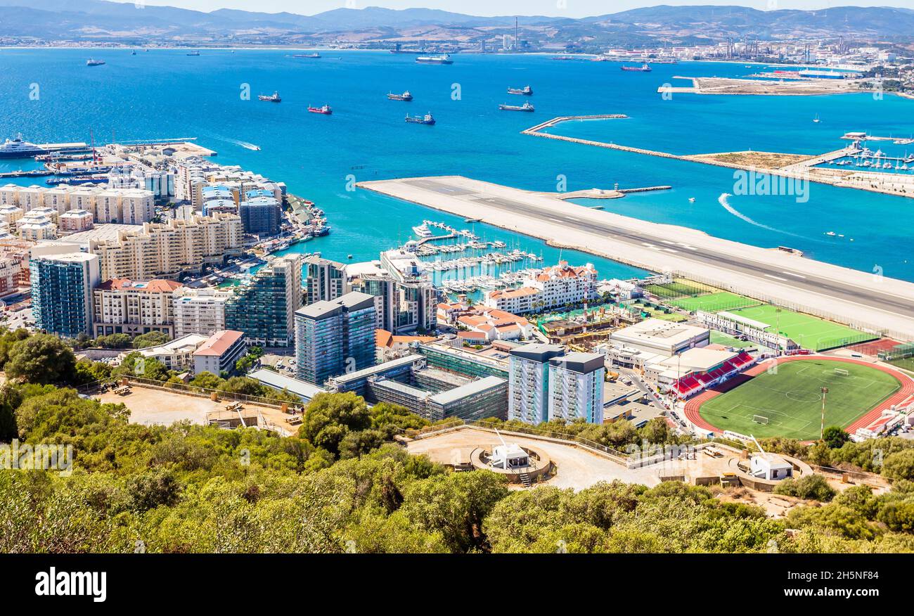 Gibraltar city and bay panoramic view from the Rock of Gibraltar with ...