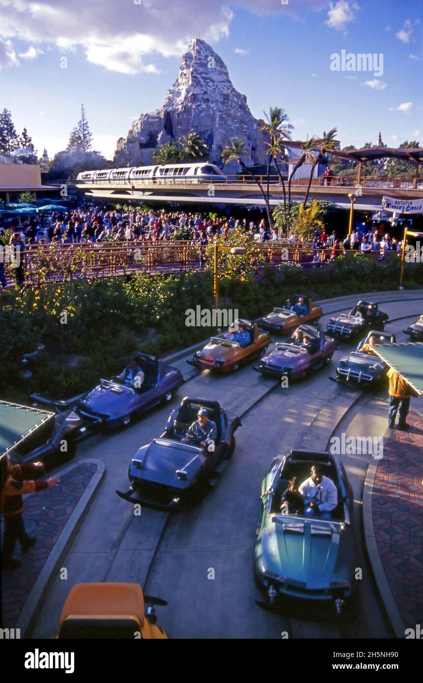 Disneyland rides Autopia, the Monorail and the Matterhorn Stock Photo ...