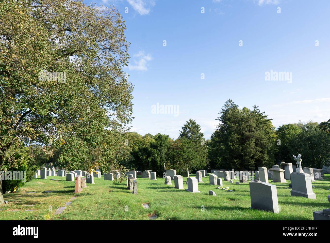 View of tombs and graves on cemetery. Grass and trees around Stock ...
