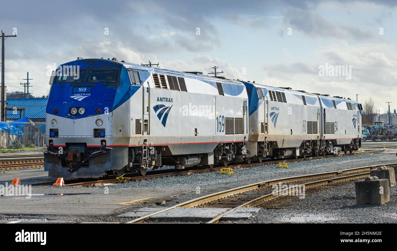 Seattle - November 09, 2021; Three Amtrak passenger locomotives ...