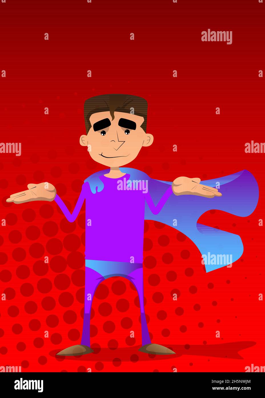 Funny cartoon man dressed as a superhero shrugs shoulders expressing ...