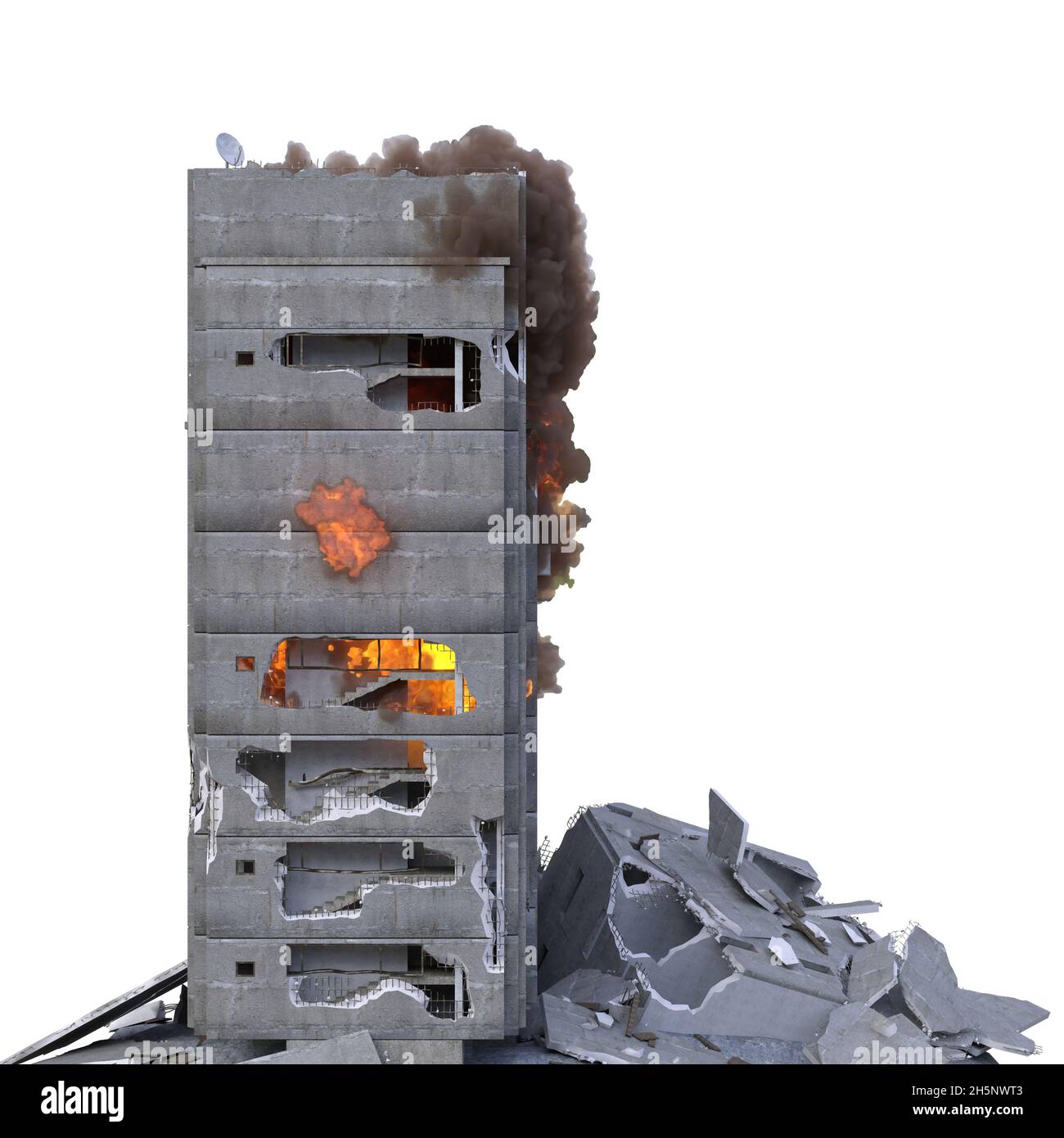 3D illustration ruined building in flames isolated on white Stock Photo ...