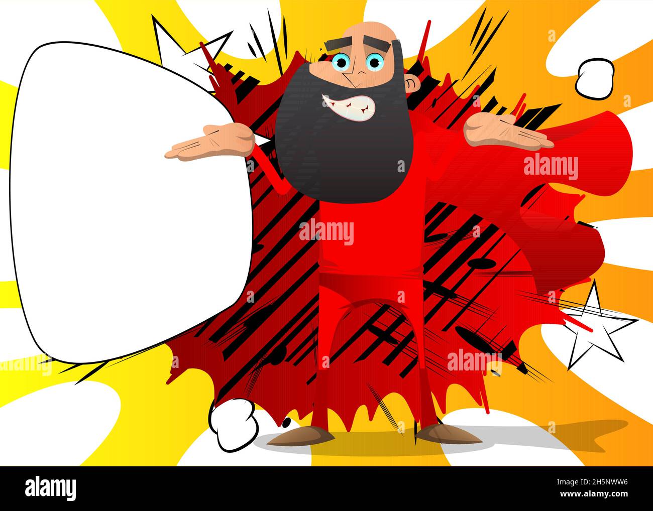 Funny cartoon man dressed as a superhero shrugs shoulders expressing ...