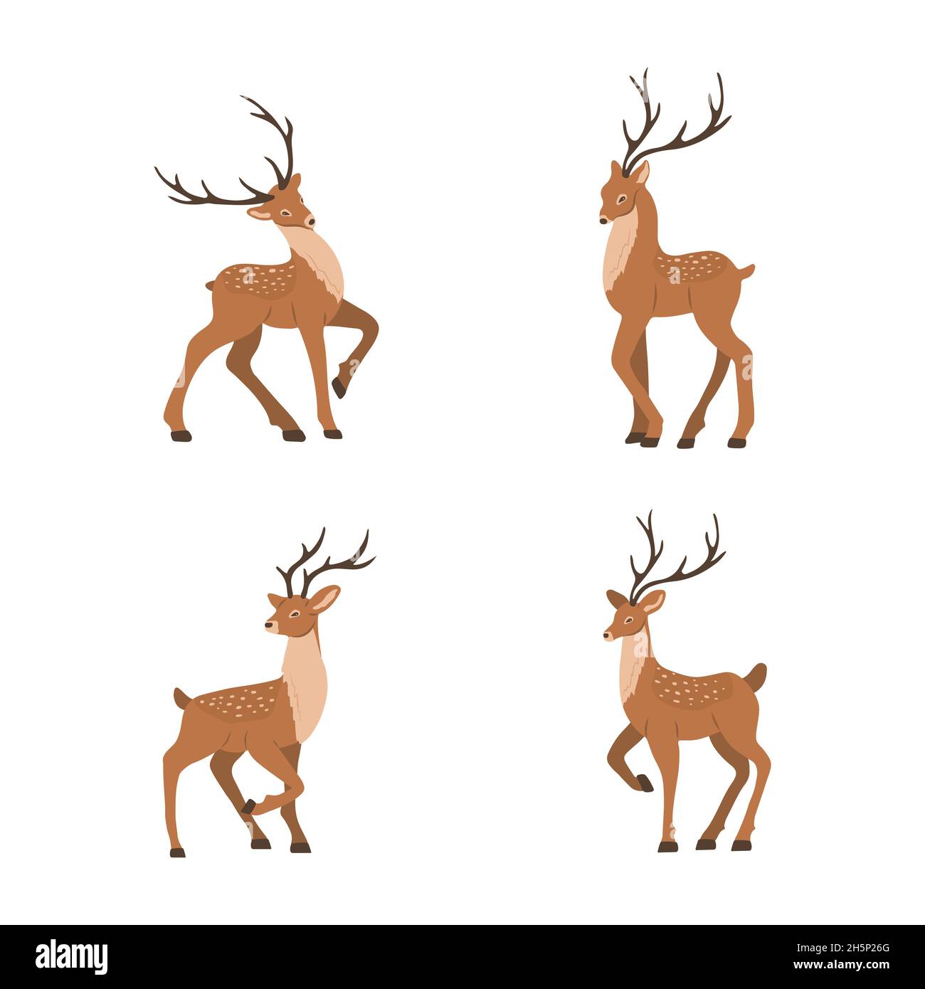 Cute noble sika deer. Set of reindeers with antlers in different poses ...