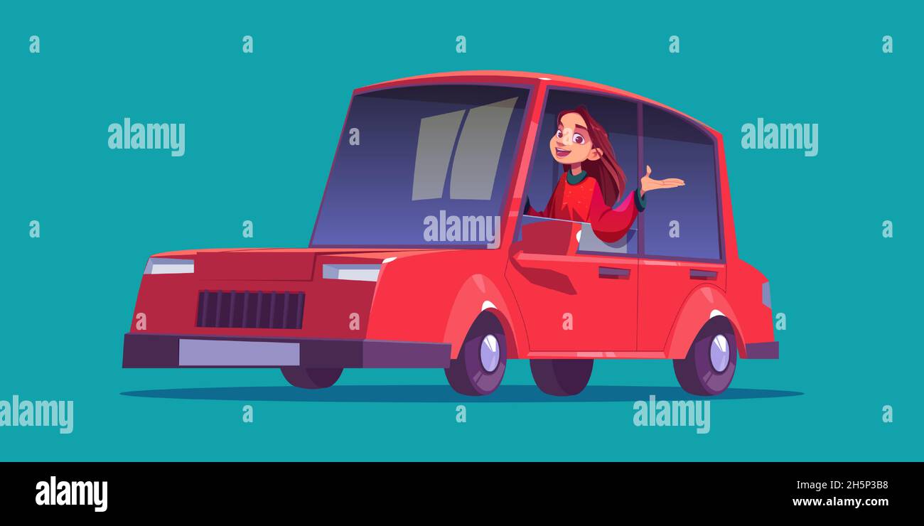 Happy girl sitting in red car. Vector cartoon illustration of female ...