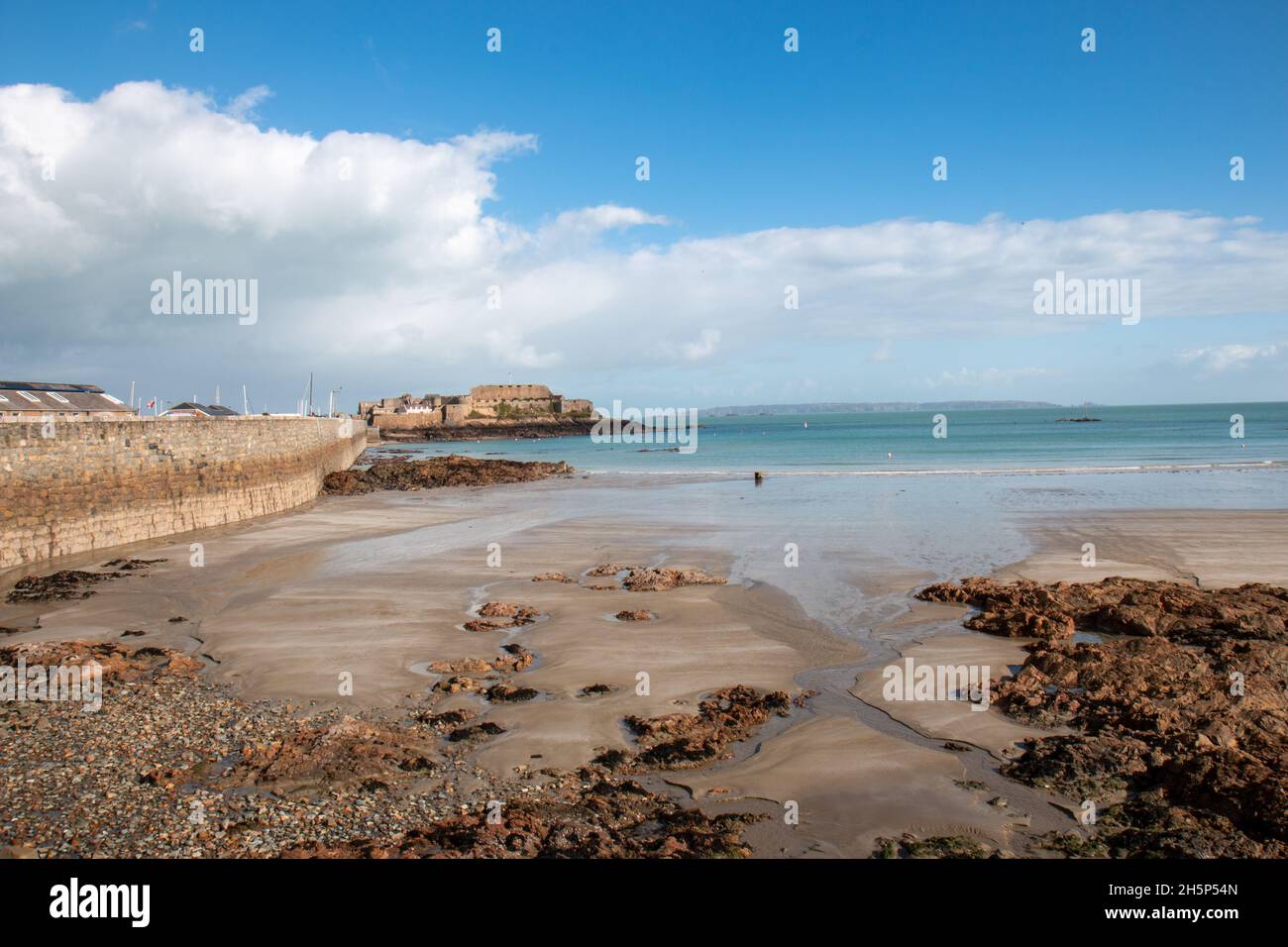 view towards Castle Cornet from Havelet Bay, St Peter Port, Guernsey ...